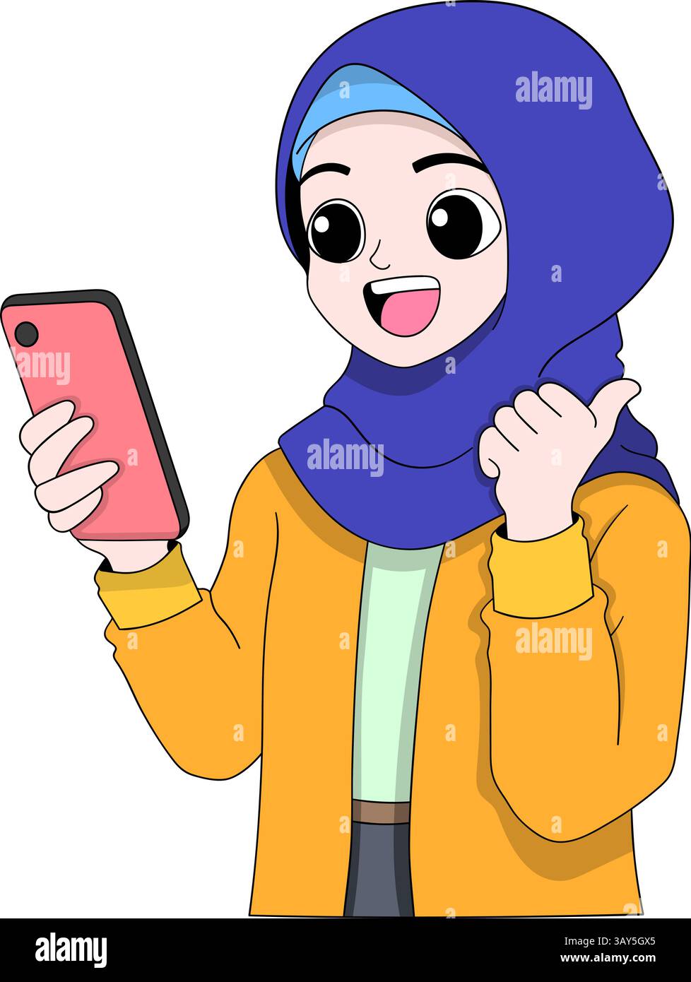 Cute cartoon illustration of a cheerful Muslim girl holding a ...