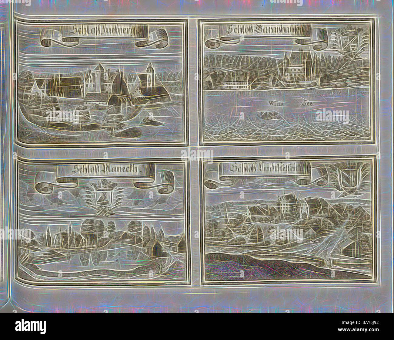 A collage of four historical castle illustrations, each depicting a ...