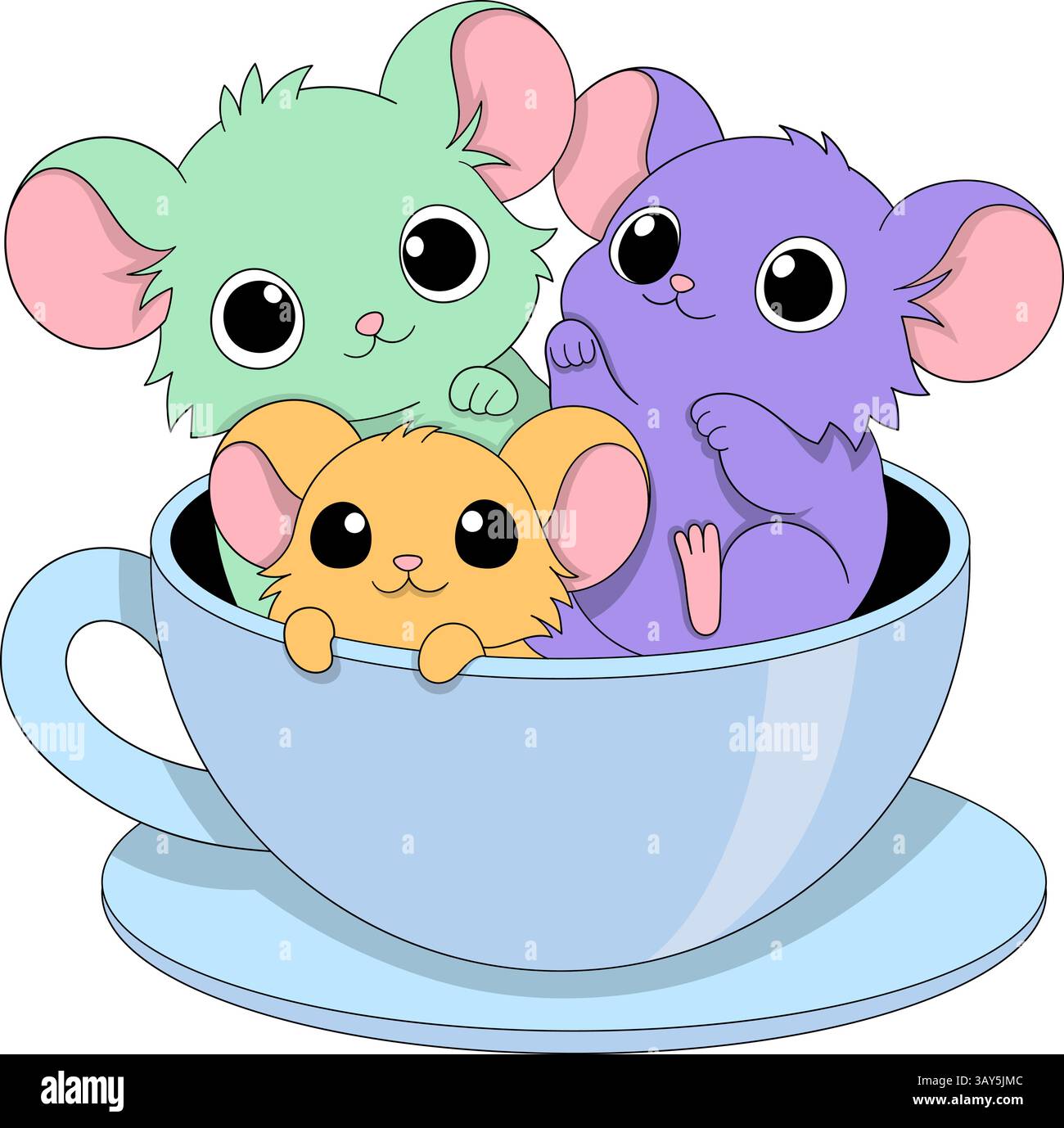 Adorable cartoon illustration of three colorful mice sitting inside a ...