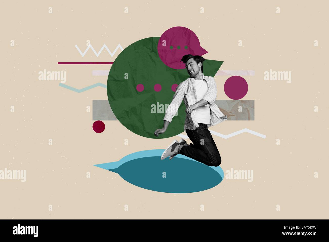 Creative full artwork collage of happy guy stand bubble communication ...