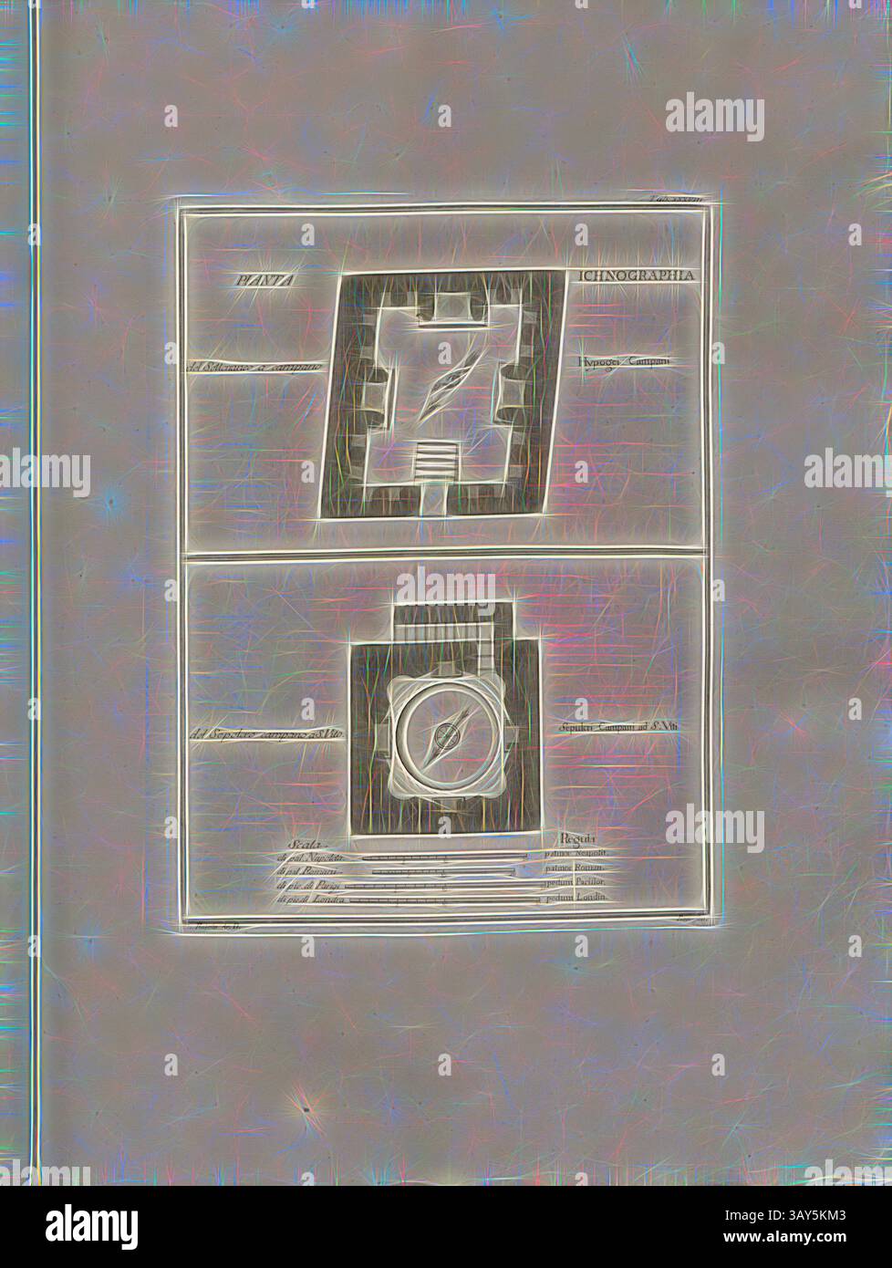 An abstract depiction of a technical diagram, featuring two detailed ...