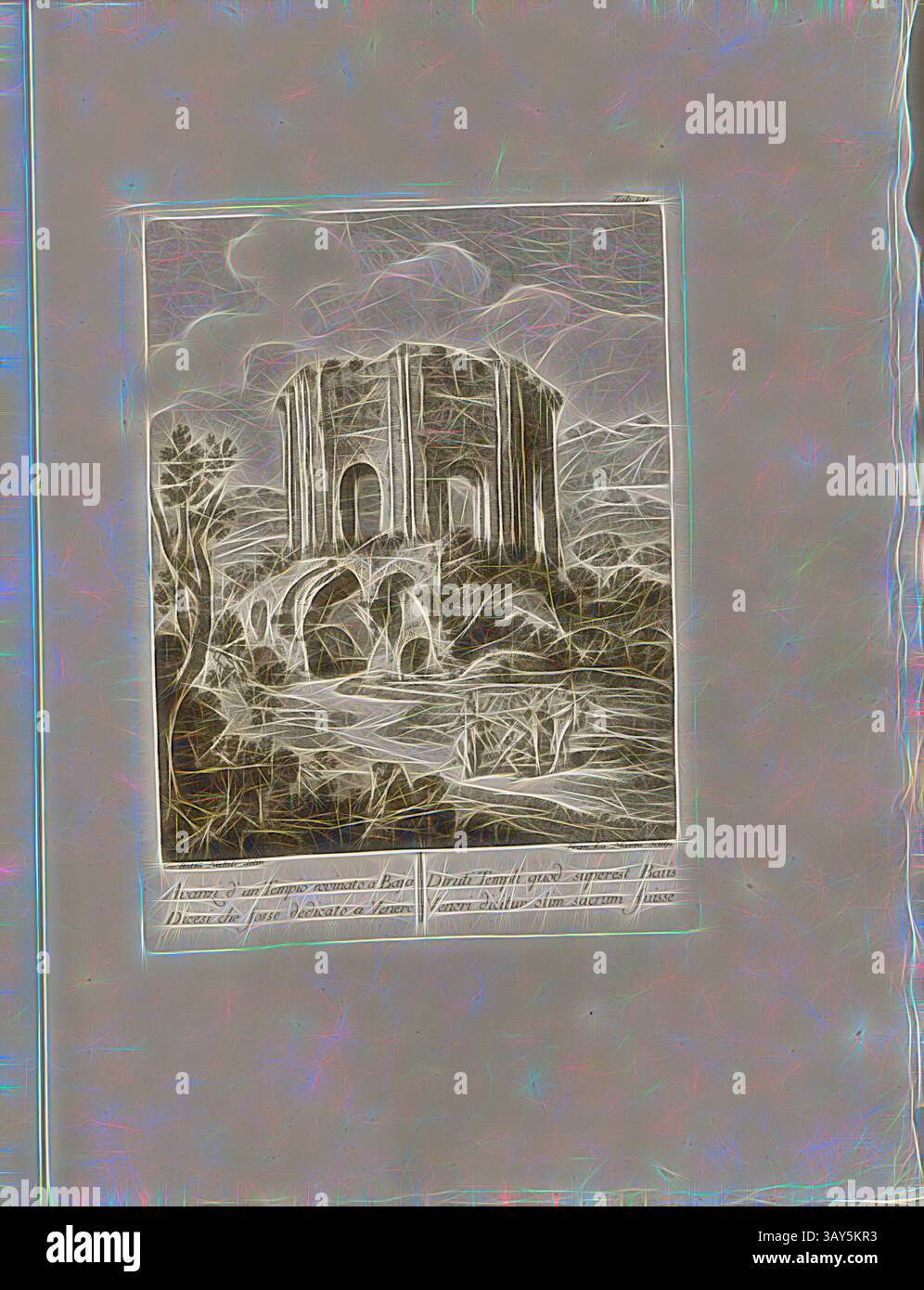 An intricate engraving depicting a crumbling structure surrounded by ...