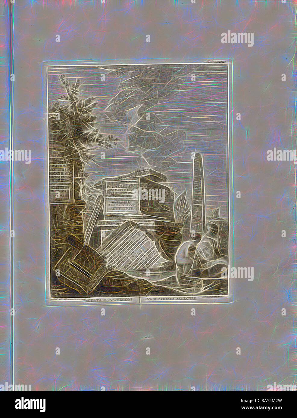 An intricately detailed scene featuring structures and obelisks ...