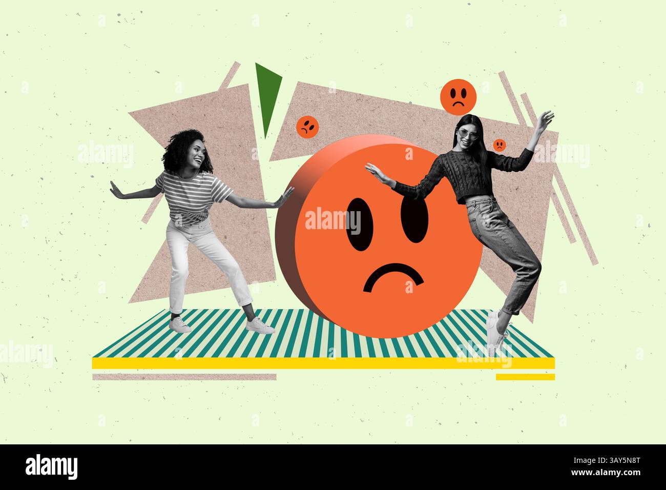 Creative pop poster sketch collage of two happy girl guy stand sad ...