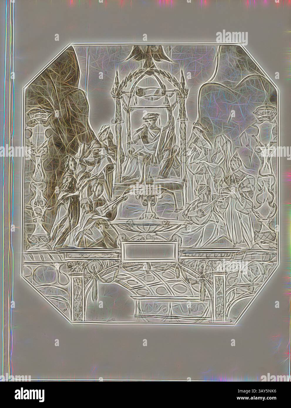 An intricately detailed scene depicting a regal figure seated on an ...