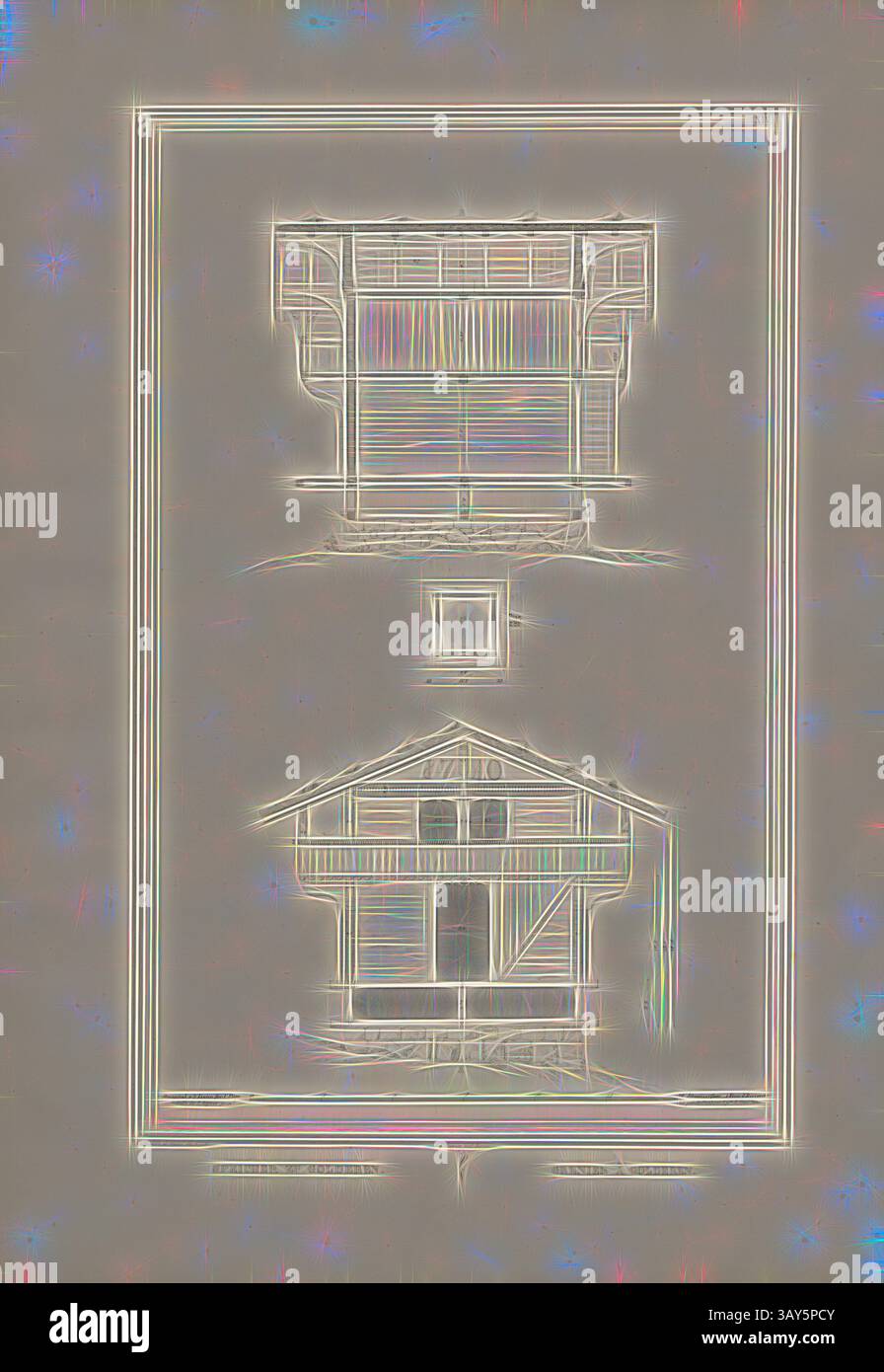 A stylized blueprint showcasing two architectural designs, featuring a ...