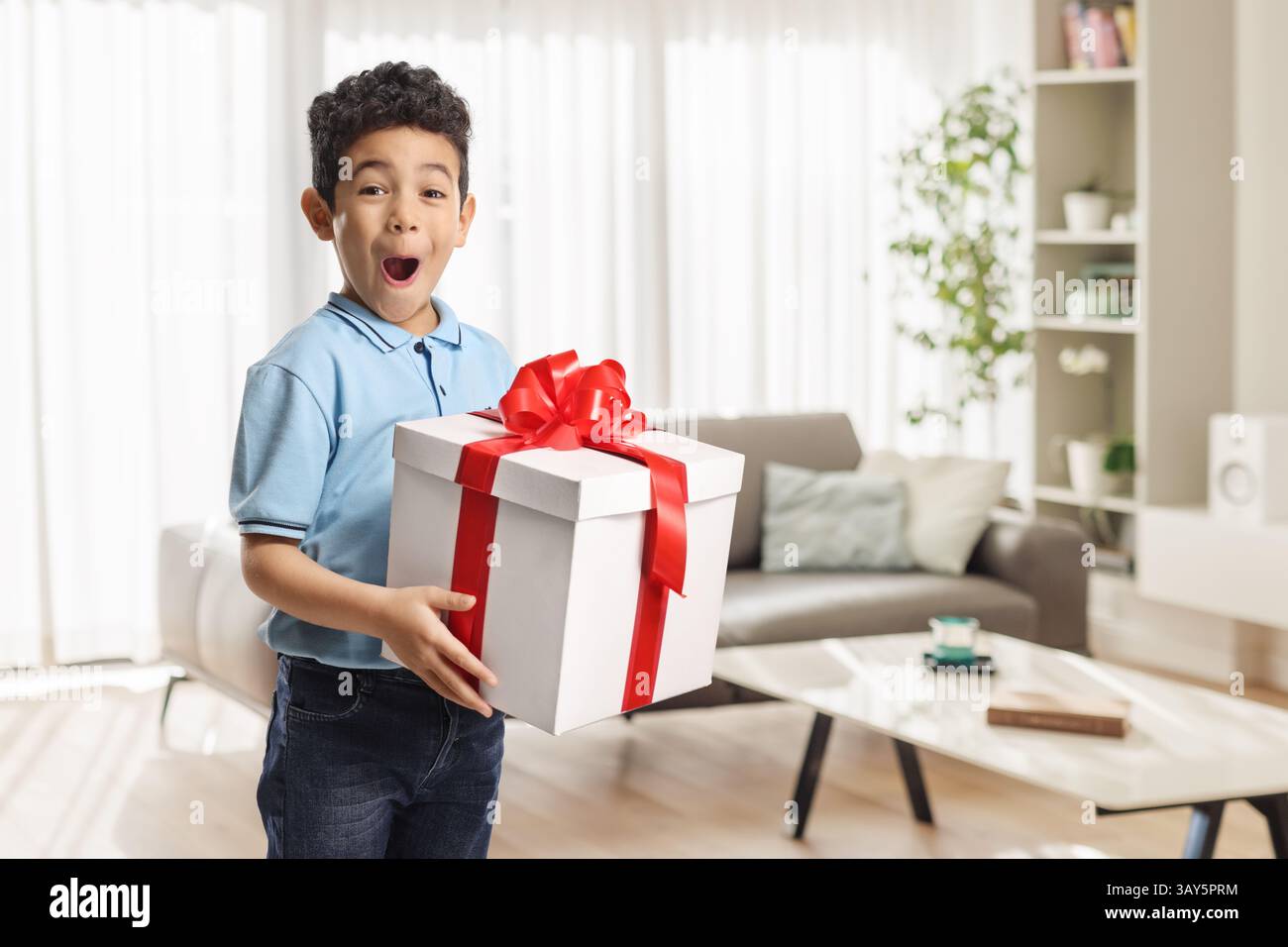 Cute asian boy holding a big gift box at home Stock Photo - Alamy