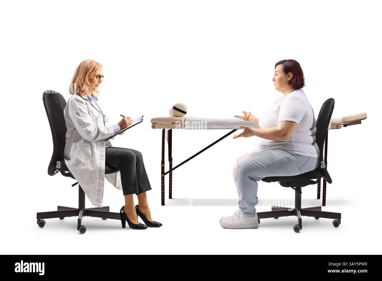 Female doctor writing a prescription for an overweight woman isolated ...