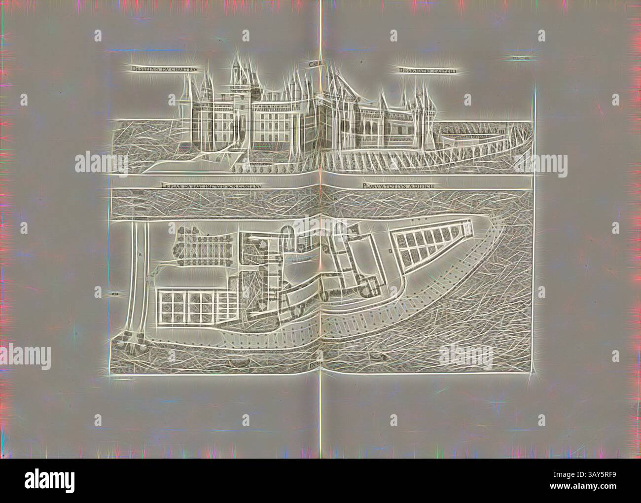 A detailed architectural illustration depicting a grand castle ...