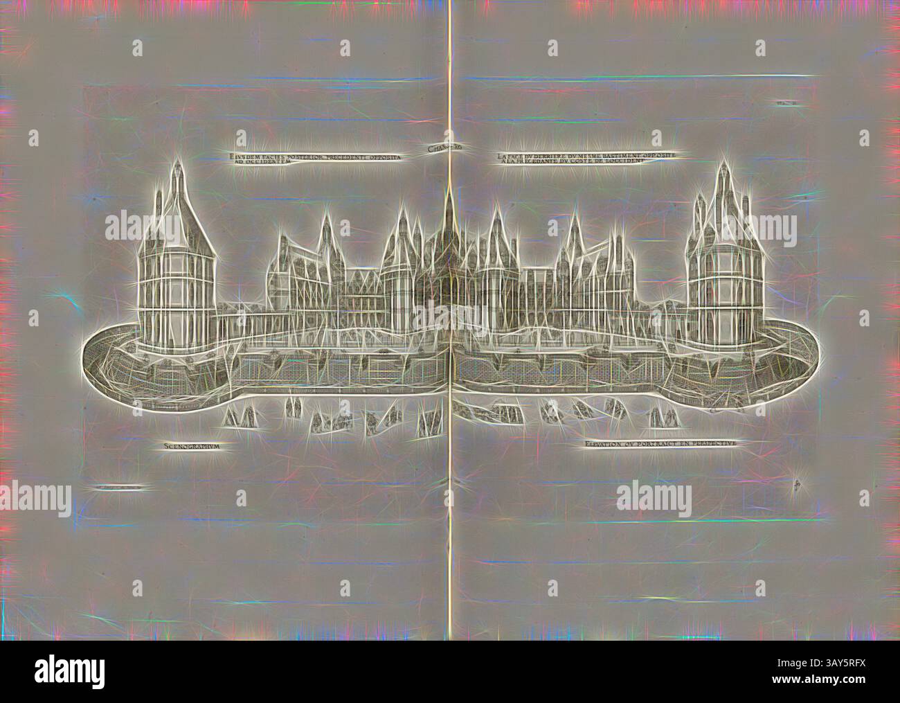 An intricate architectural illustration depicting a grand castle-like ...