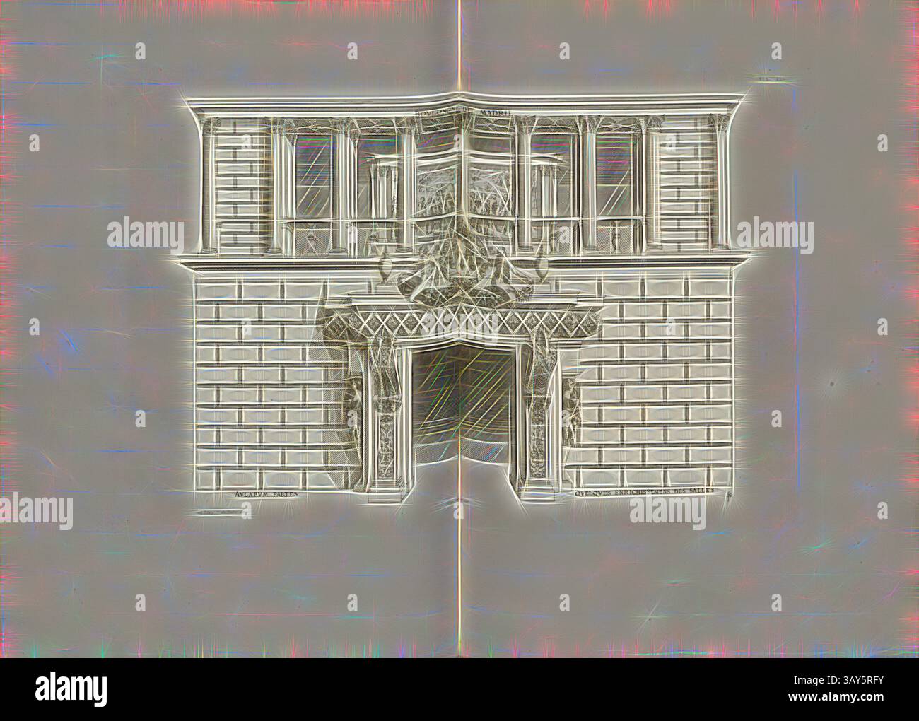 An intricate architectural design featuring a grand entrance adorned ...