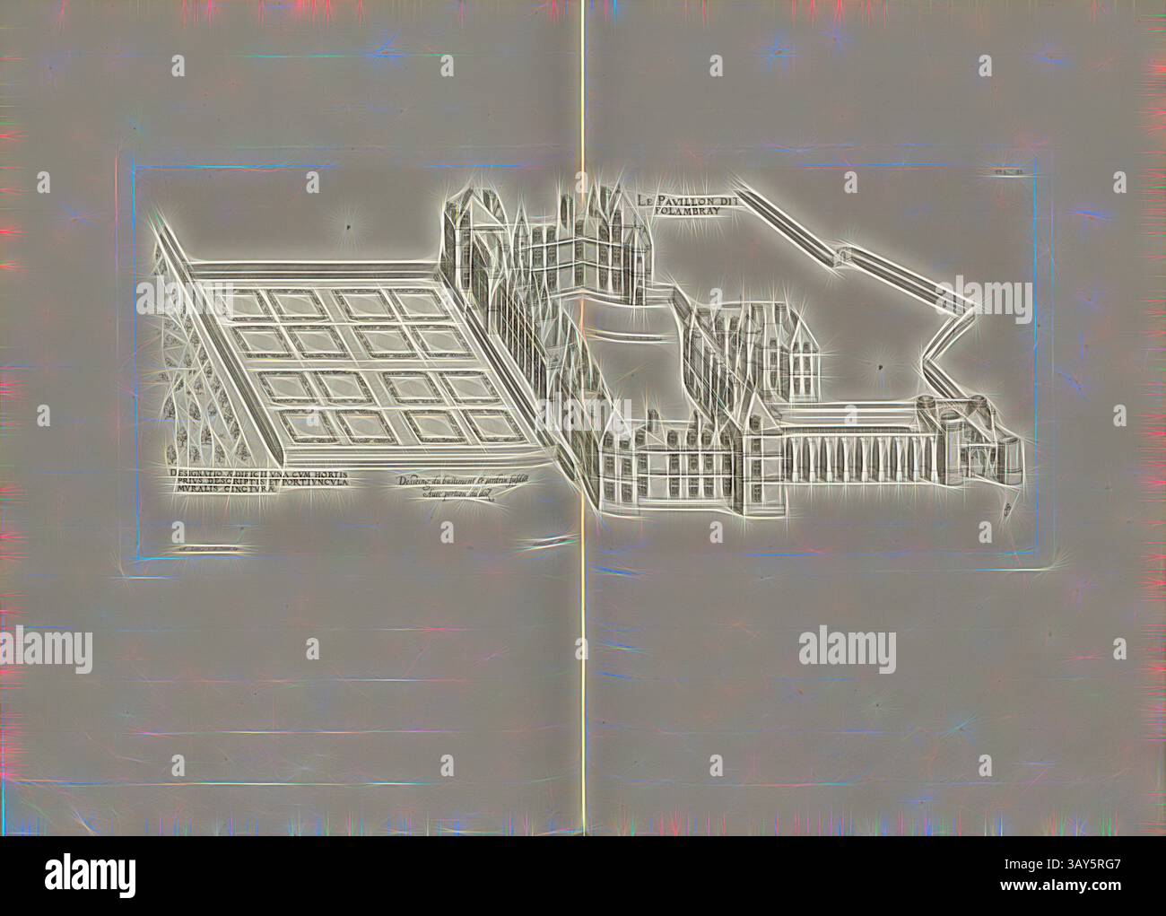 A detailed architectural drawing showcasing a grand building complex ...