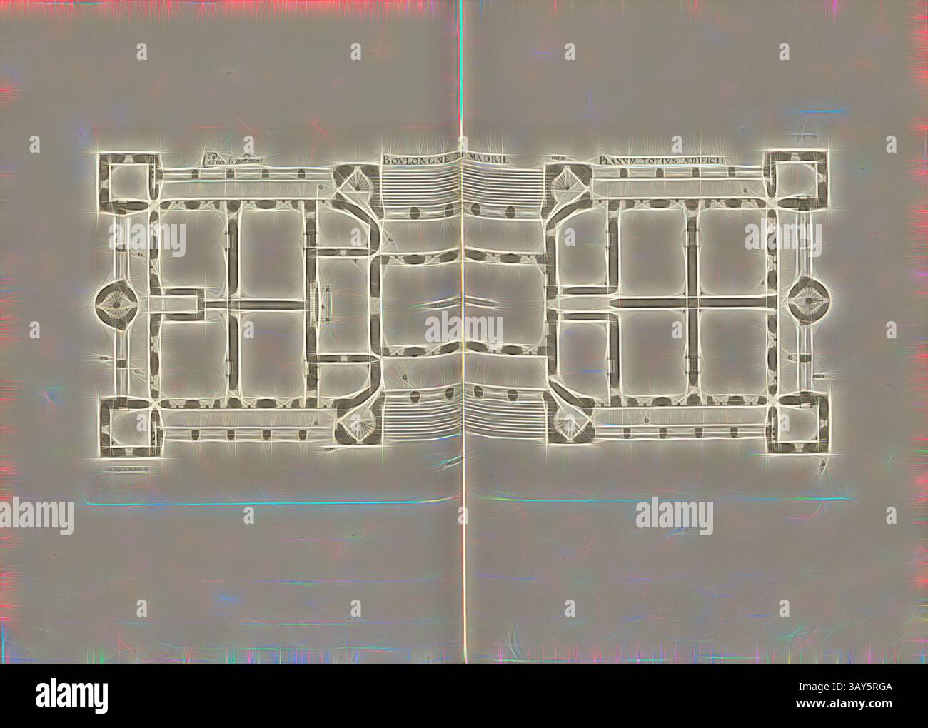 A detailed architectural plan featuring a symmetrical layout with ...