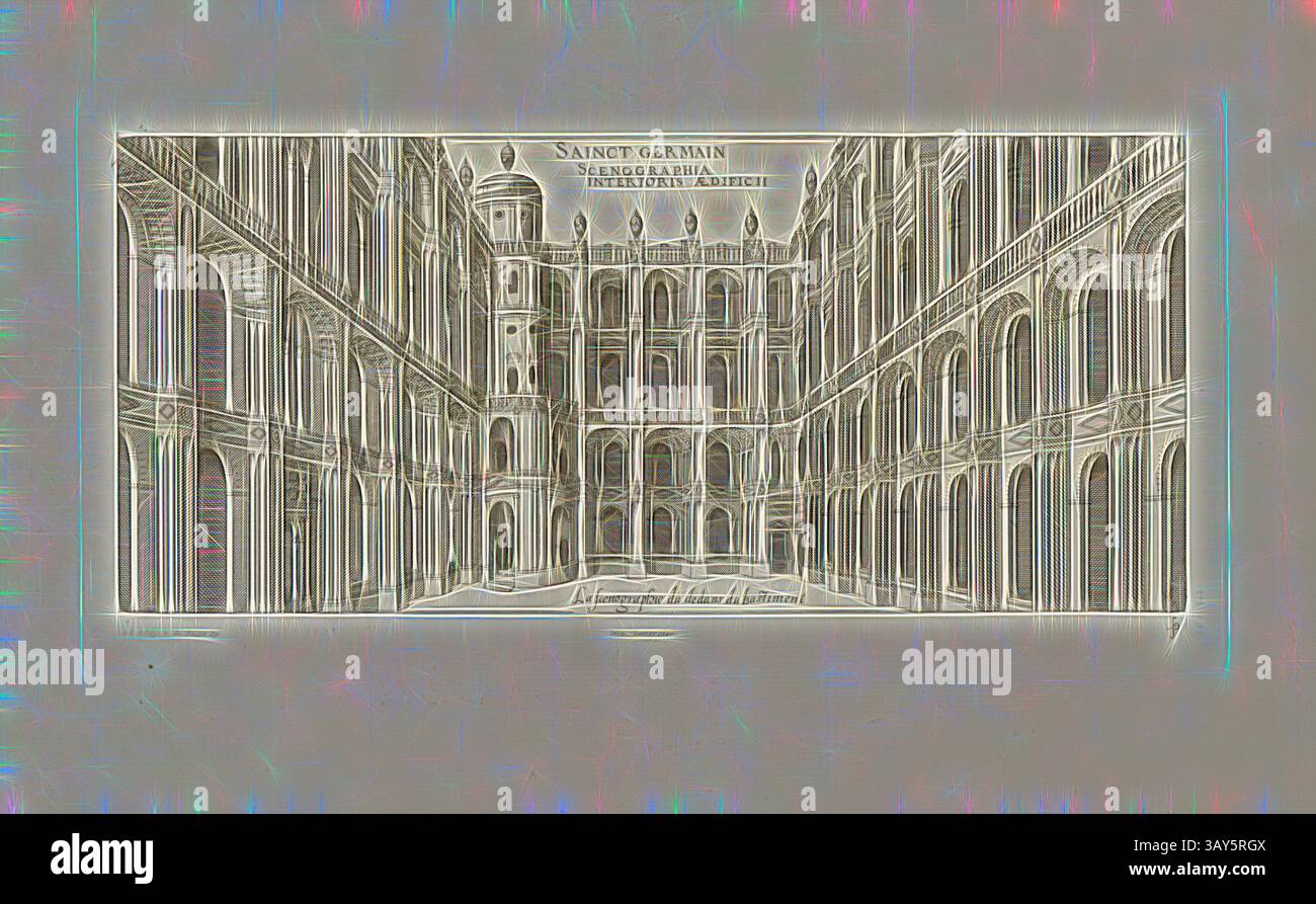 A detailed architectural illustration of a grand courtyard, featuring ...