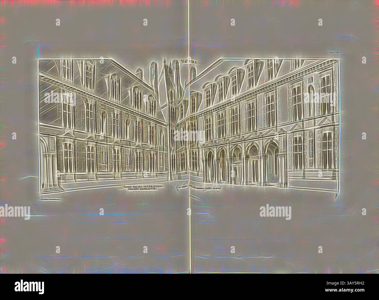 A detailed architectural sketch showcases a grand courtyard surrounded ...