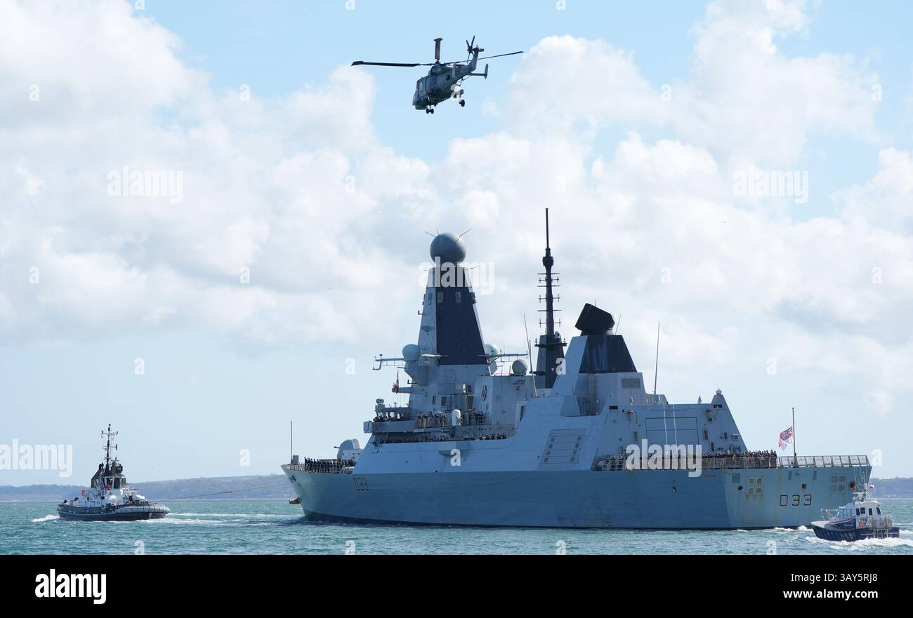 The Royal Navy Type 45 Destroyer HMS Dauntless, sails from Portsmouth ...