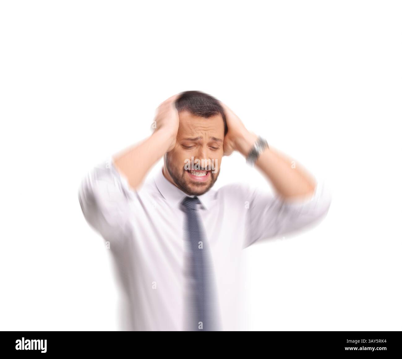 Stressed man with headache and vertigo feeling dizzy isolated on white ...
