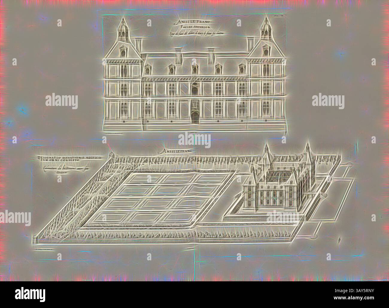A detailed architectural plan showcasing an elaborate mansion with a ...