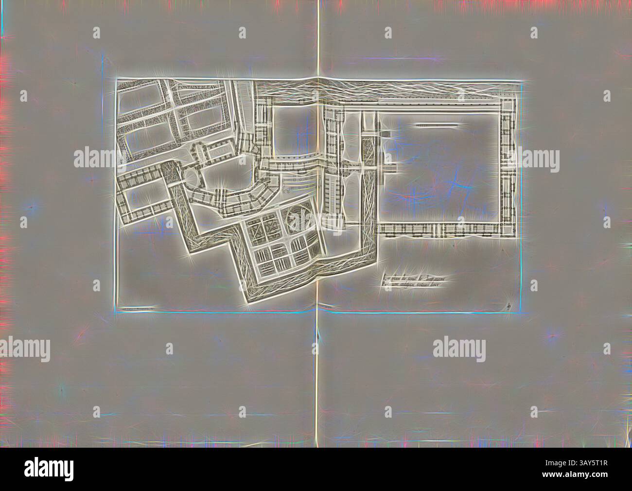 A detailed architectural blueprint featuring various buildings ...