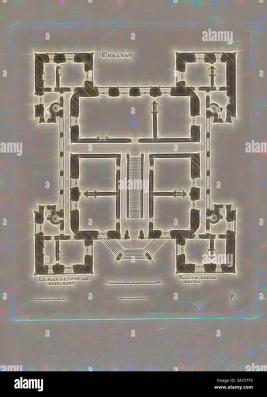 A detailed architectural plan features a symmetrical layout, displaying ...