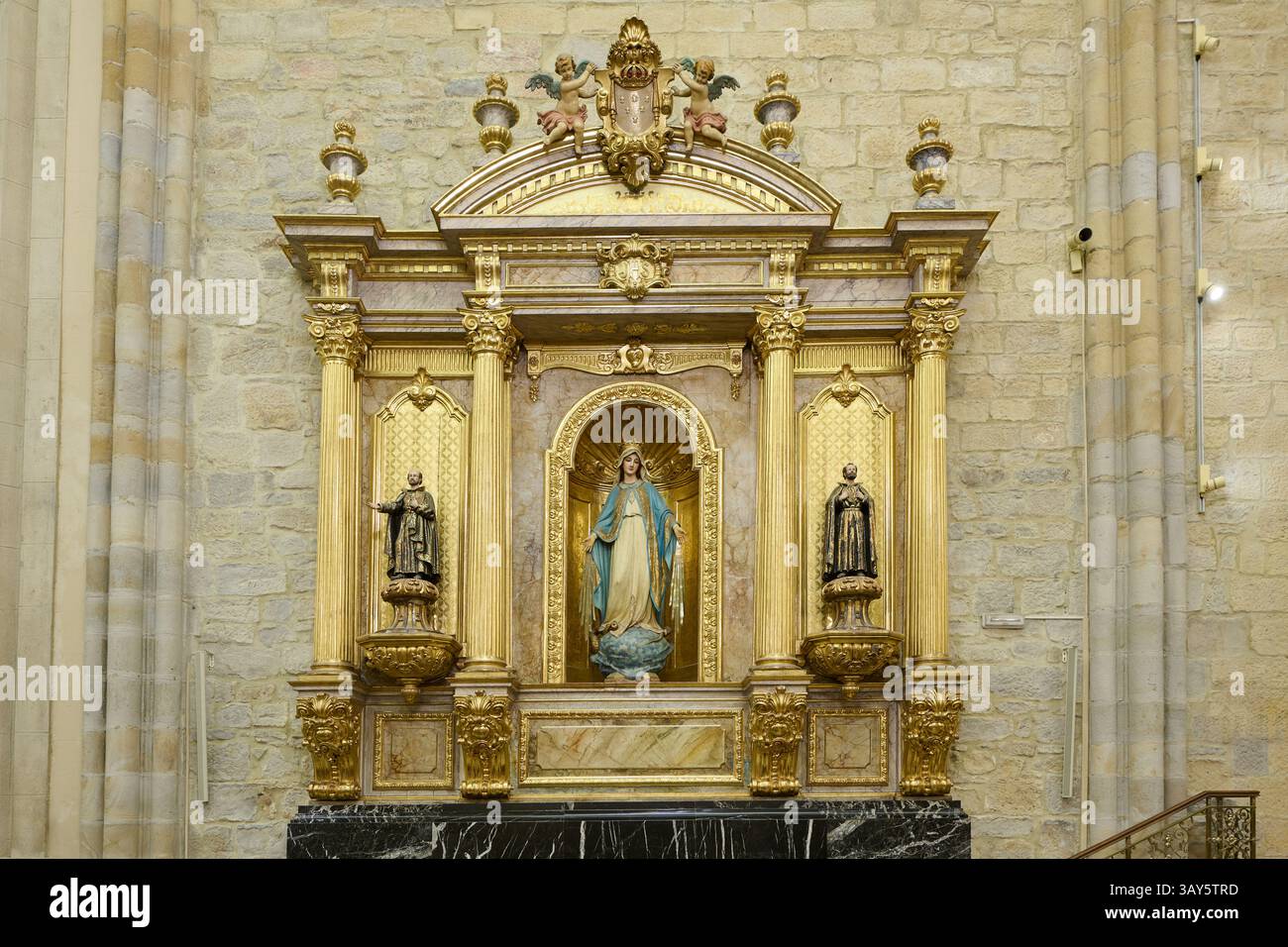 Elegant side altar in a historic Catholic church, featuring a statue of ...