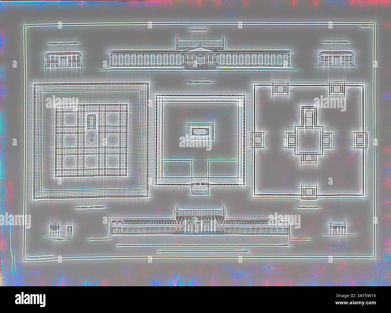 A detailed architectural blueprint featuring a symmetrical layout with ...
