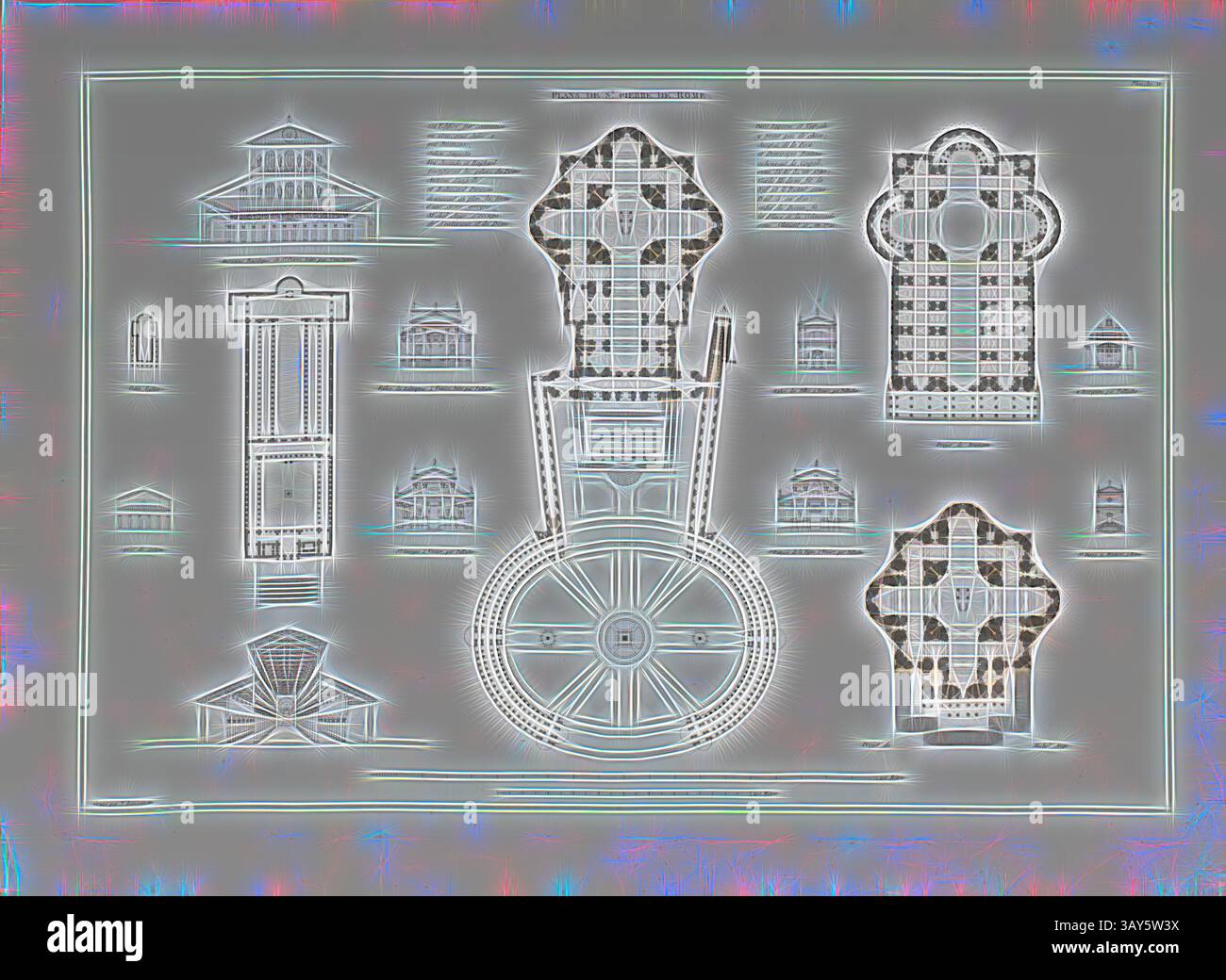 A detailed architectural blueprint featuring various designs of ...