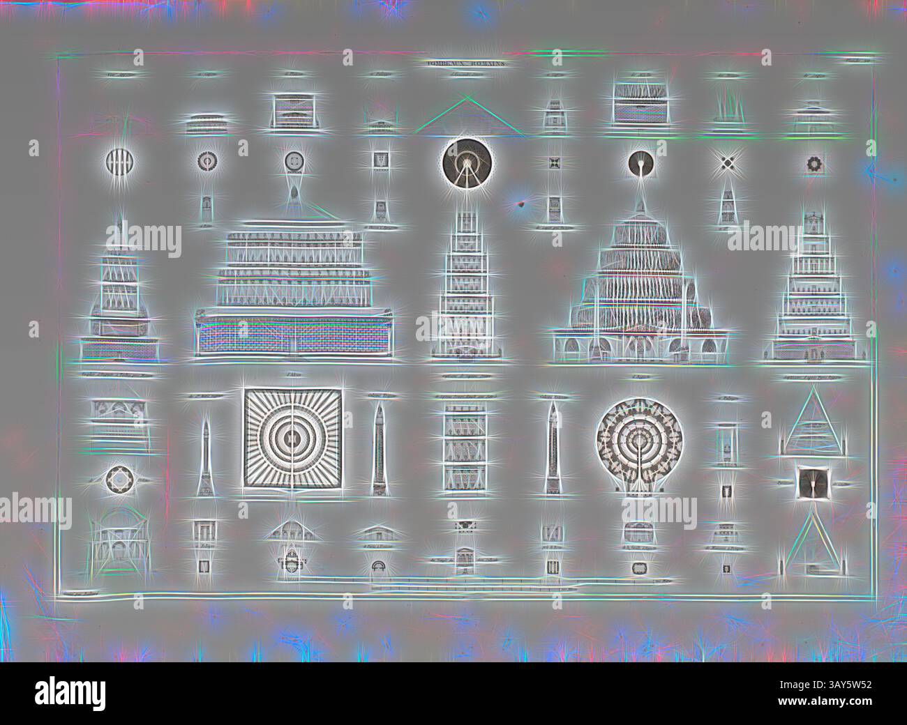 A collection of intricate geometric designs and stylized architectural ...