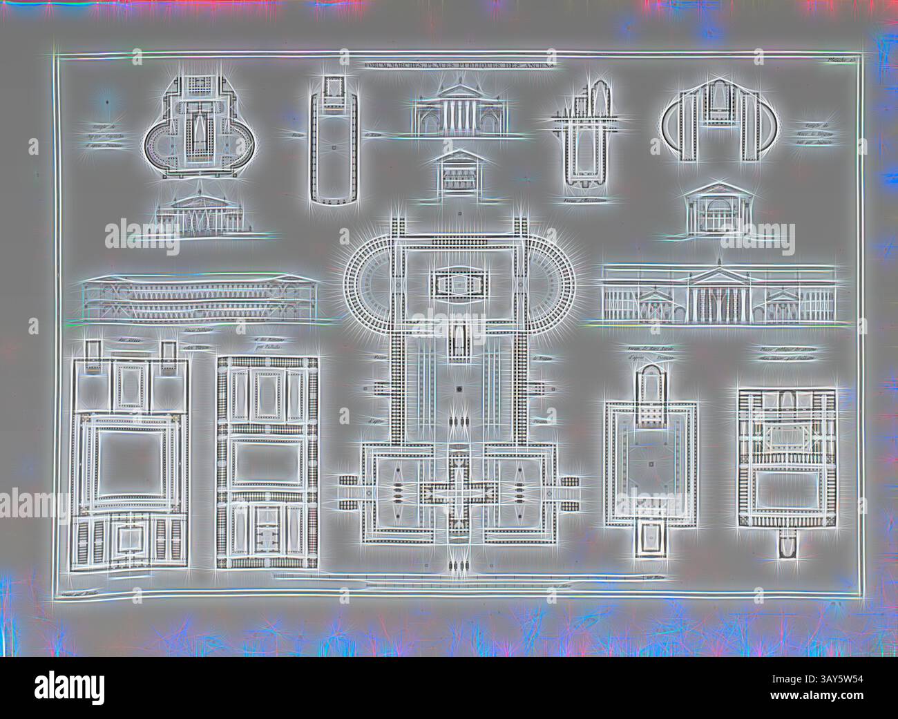 A detailed architectural blueprint features various building designs ...
