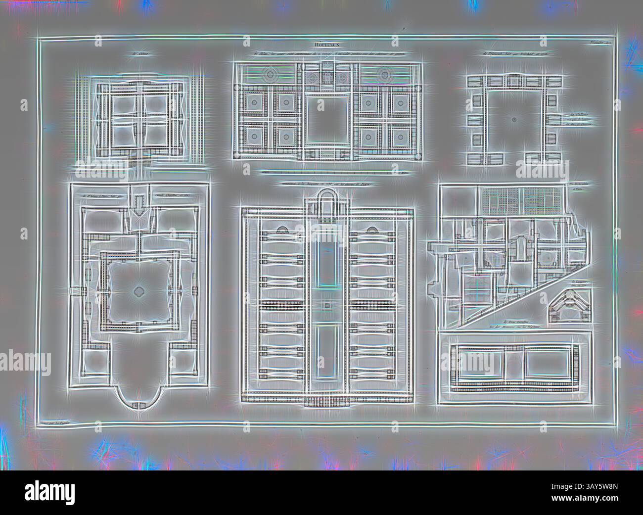 A series of architectural blueprints displaying various floor plans and ...