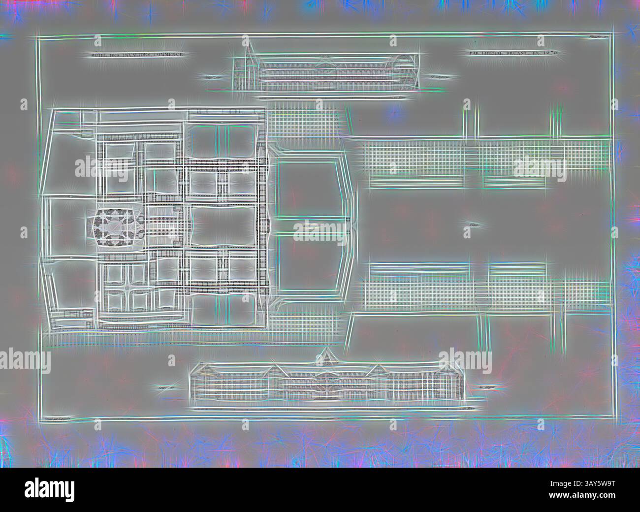 A stylized architectural blueprint featuring various buildings and ...
