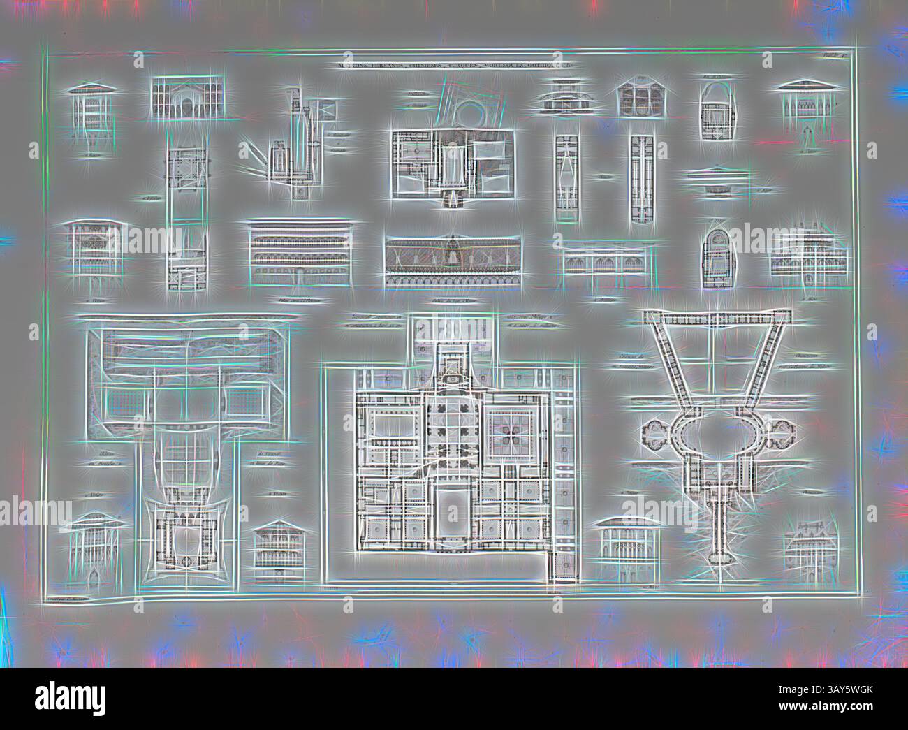 A detailed architectural blueprint featuring various structures and ...