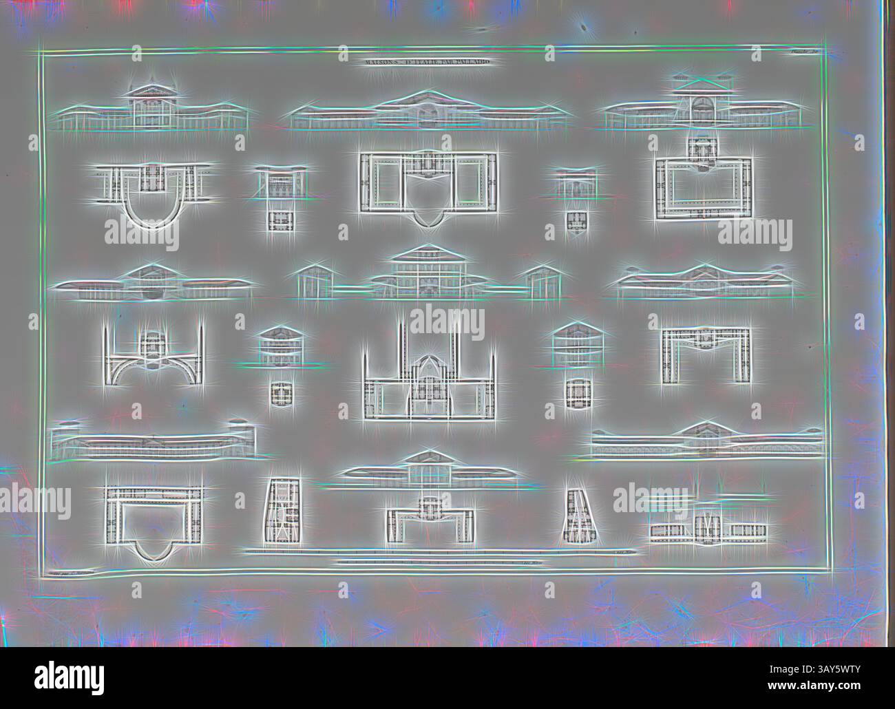 An architectural blueprint displaying a series of intricate building ...