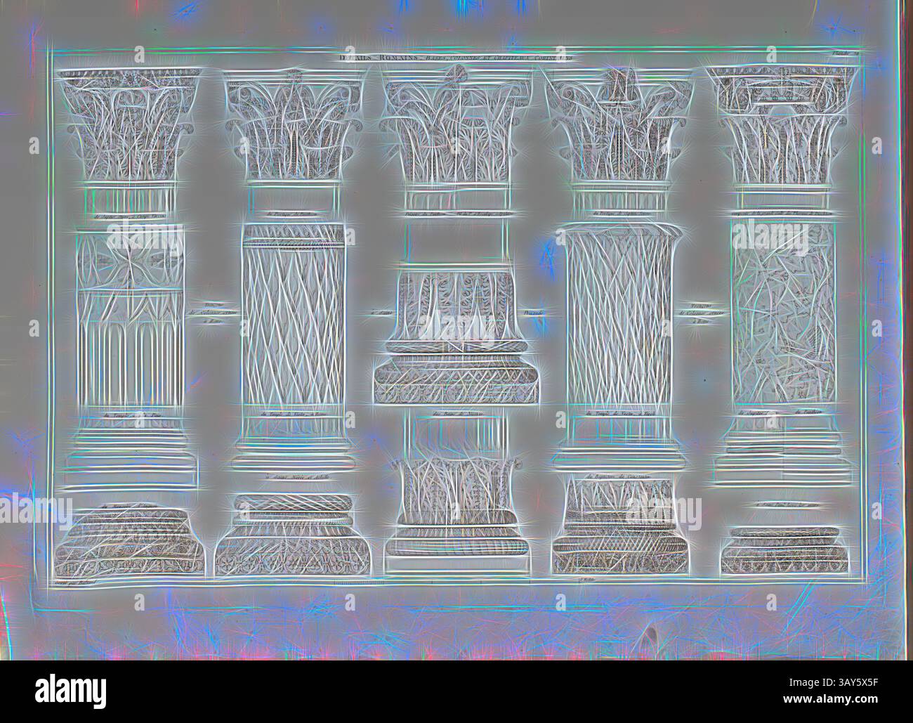 A detailed illustration showcasing a series of ancient columns, each ...