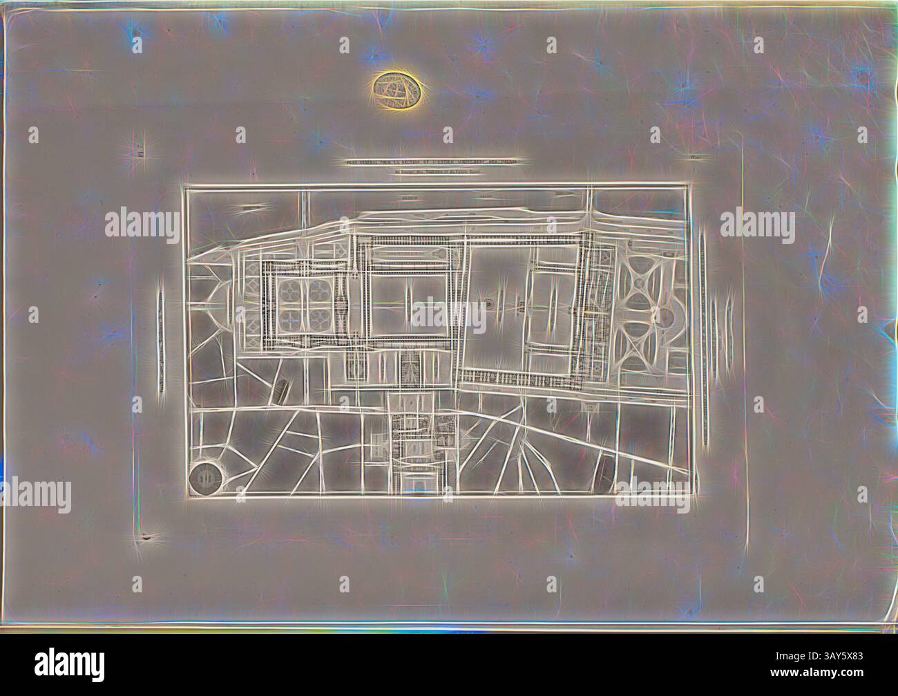 A detailed architectural blueprint showcases a complex layout with ...