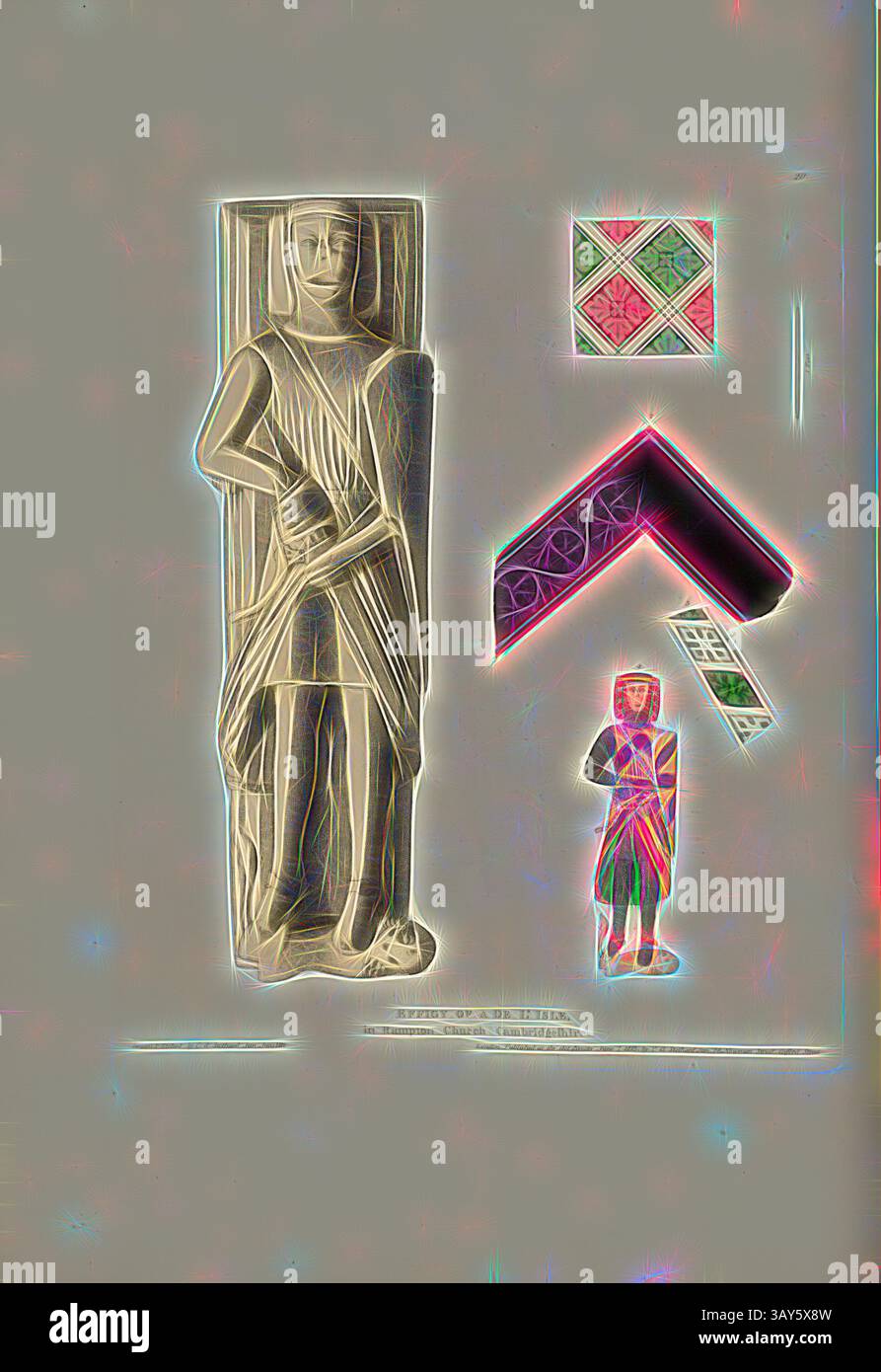 A carved figure stands prominently, accompanied by geometric patterns ...