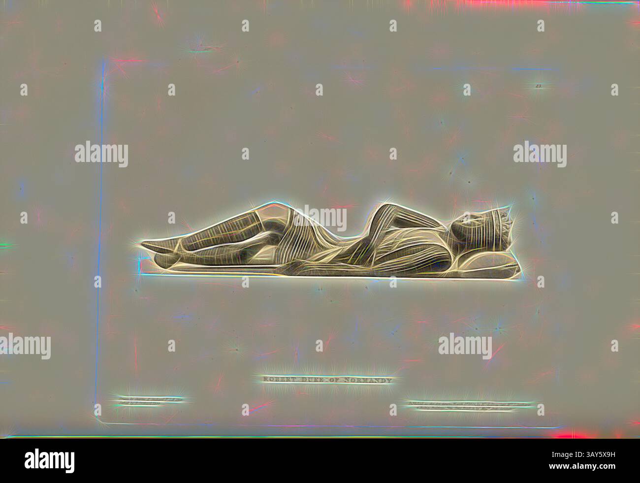 A stylized figure is depicted in a relaxed pose, lying down with an ...