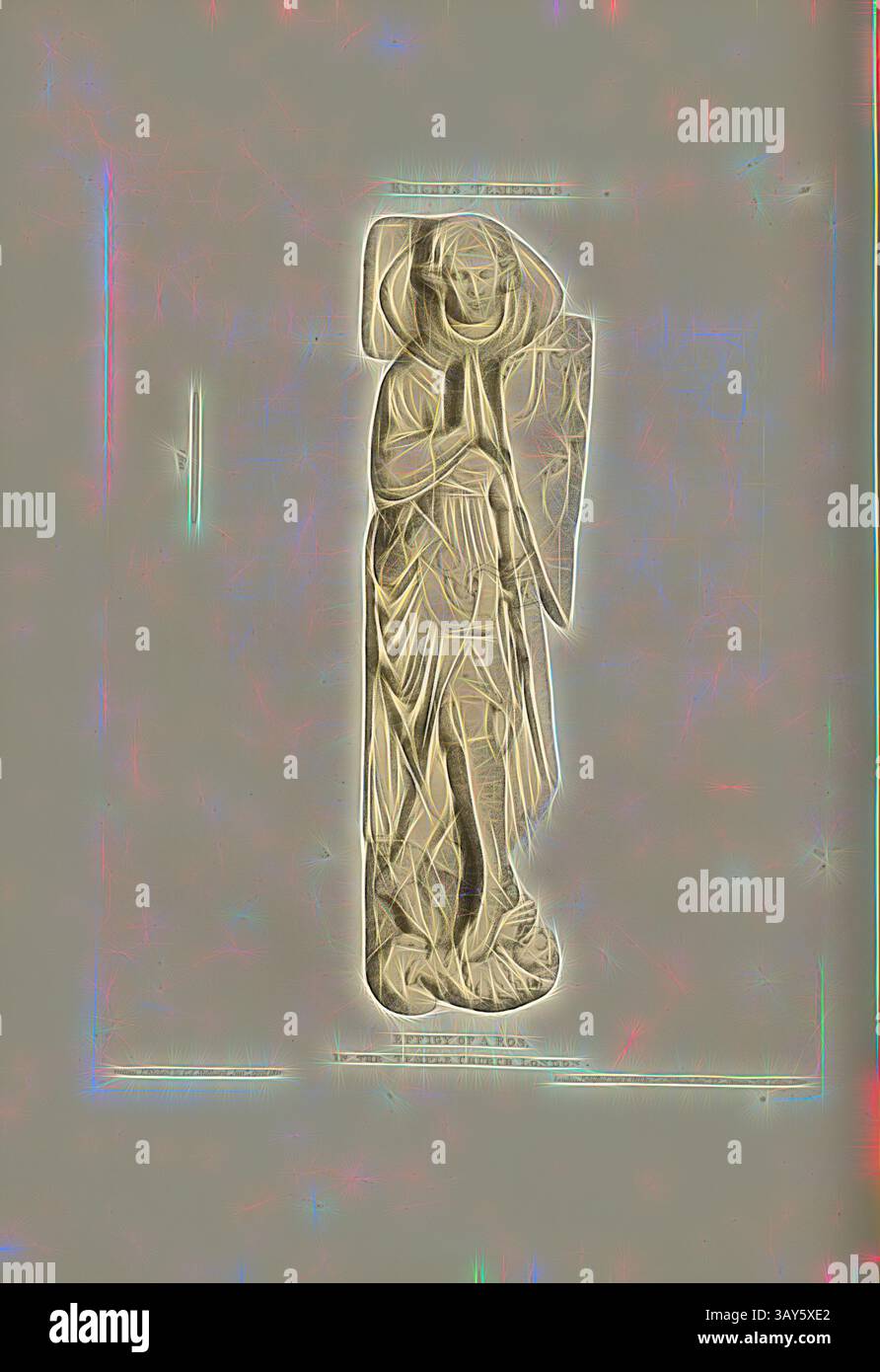 A stylized depiction of a standing figure draped in a flowing garment ...