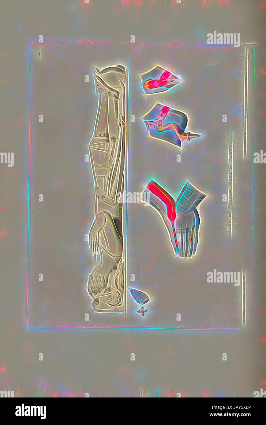 An abstract composition featuring a series of stylized human limbs and ...