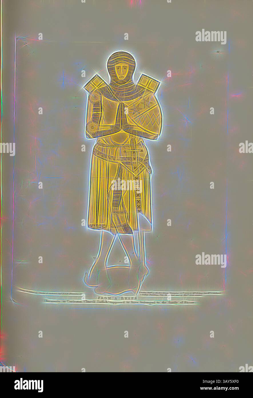 A stylized depiction of a armored figure standing in a prayerful pose ...
