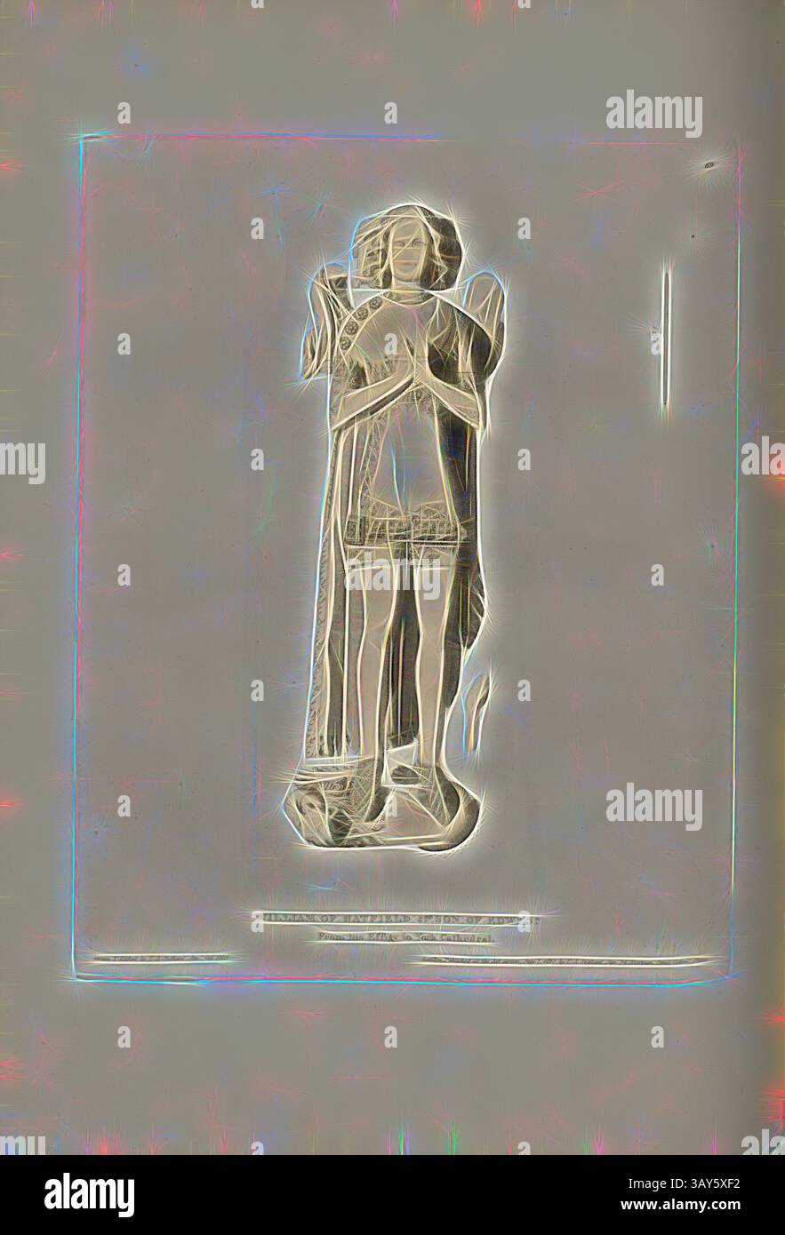 A stylized depiction of a figure standing in a prayerful pose, adorned ...