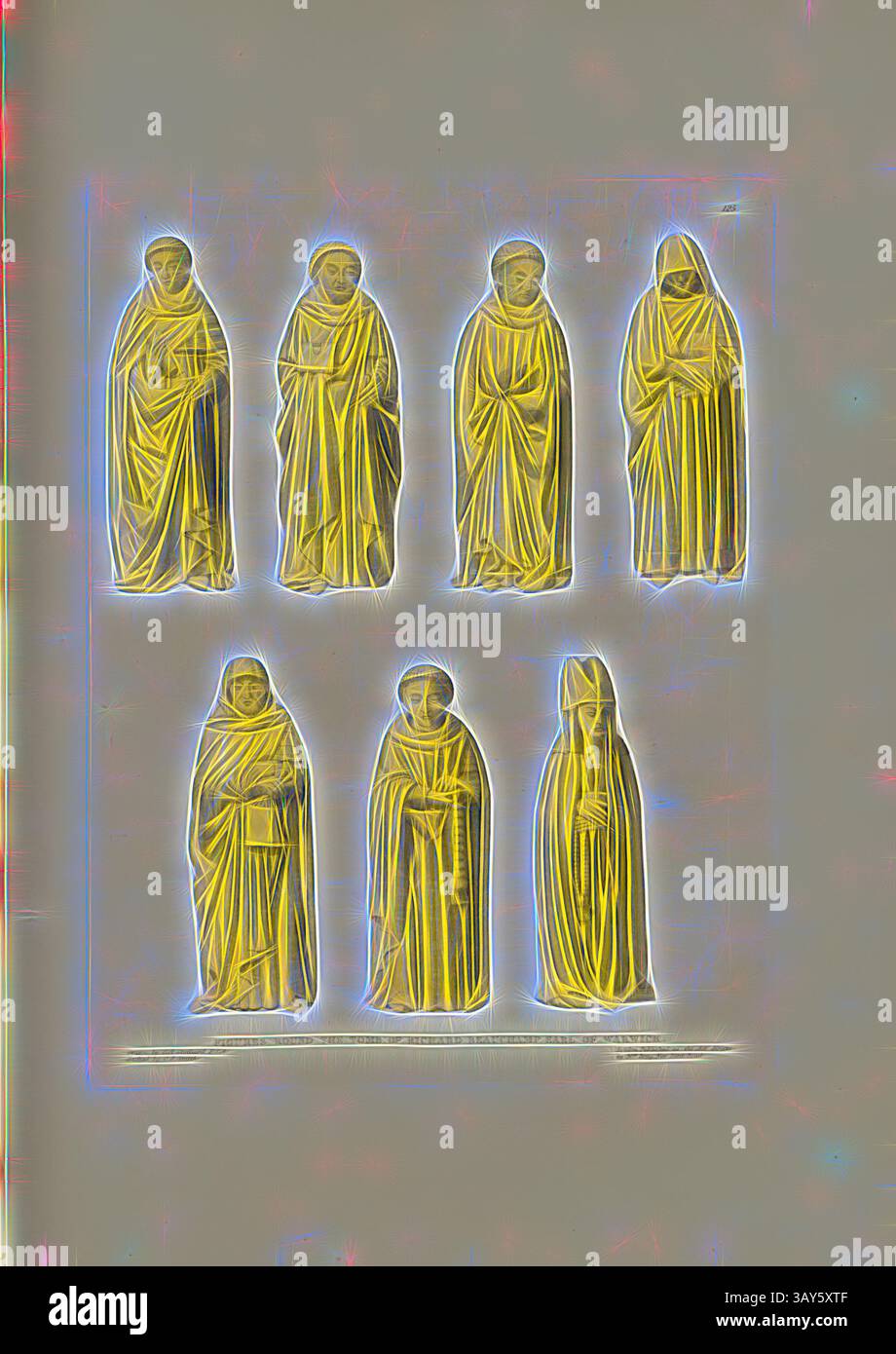 A collection of seven stylized figures, each draped in flowing robes ...