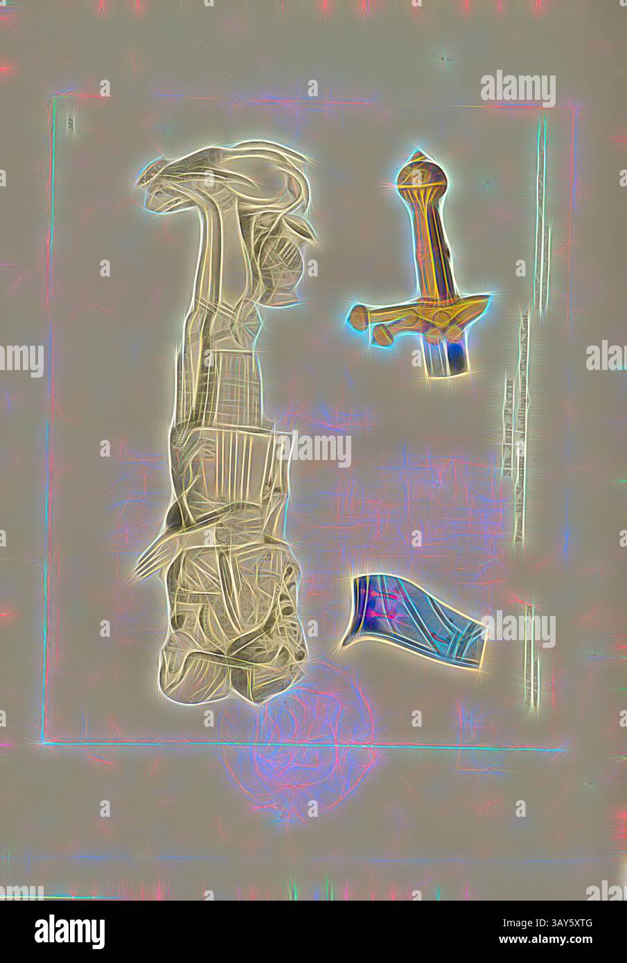 An abstract composition featuring a stylized figure and a sword ...