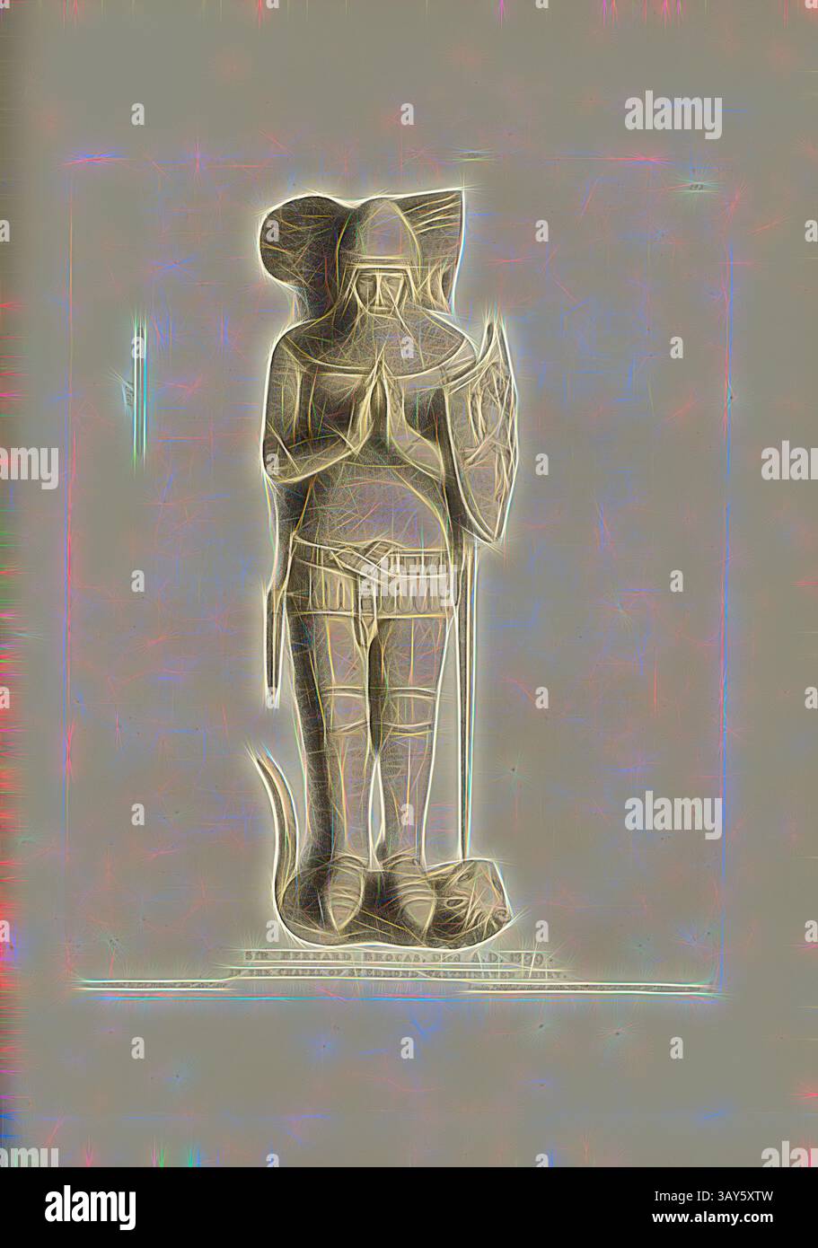 A stylized figure of a knight stands in a prayerful pose, adorned with ...