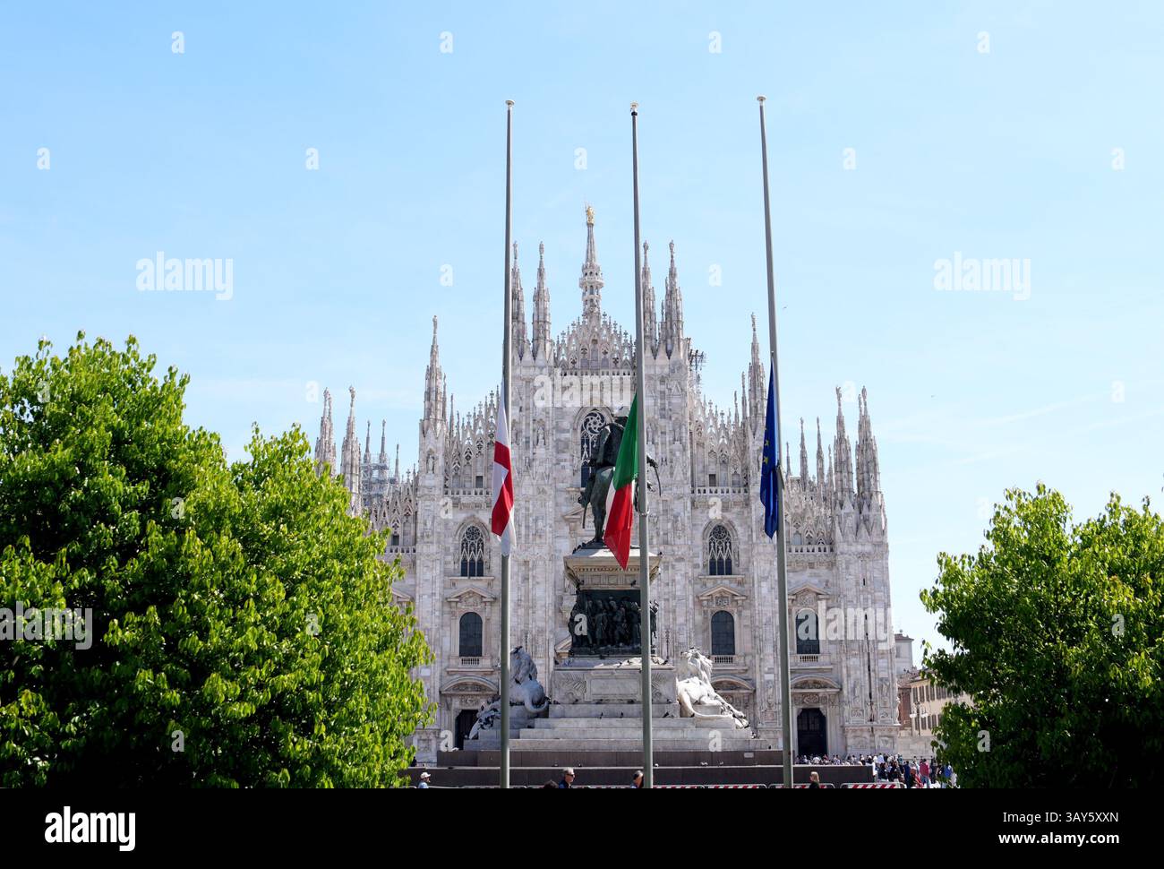 Milan, Italy. 22nd Apr, 2025. Milan, Flags at half-mast as a sign of ...