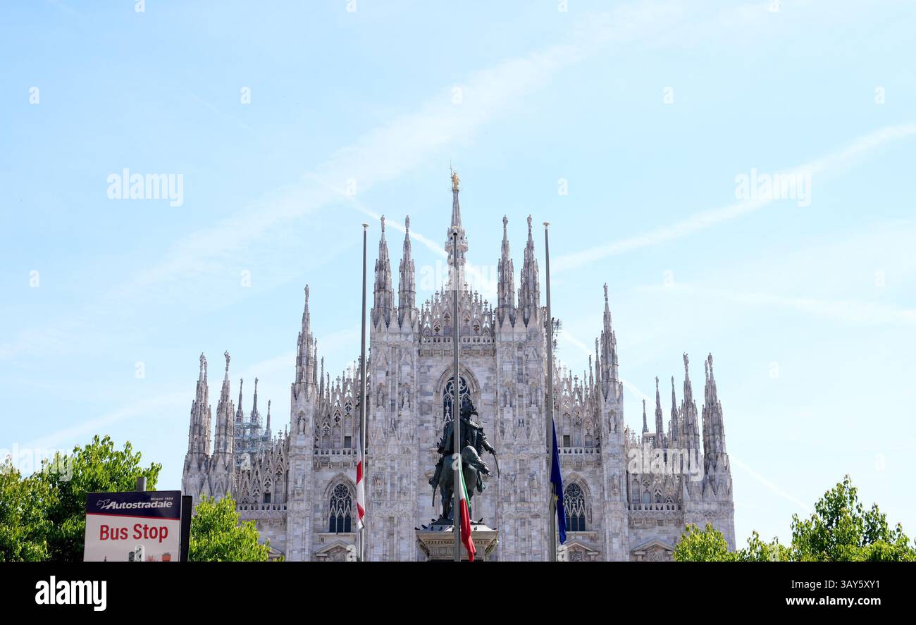 Milan, Italy. 22nd Apr, 2025. Milan, Flags at half-mast as a sign of ...