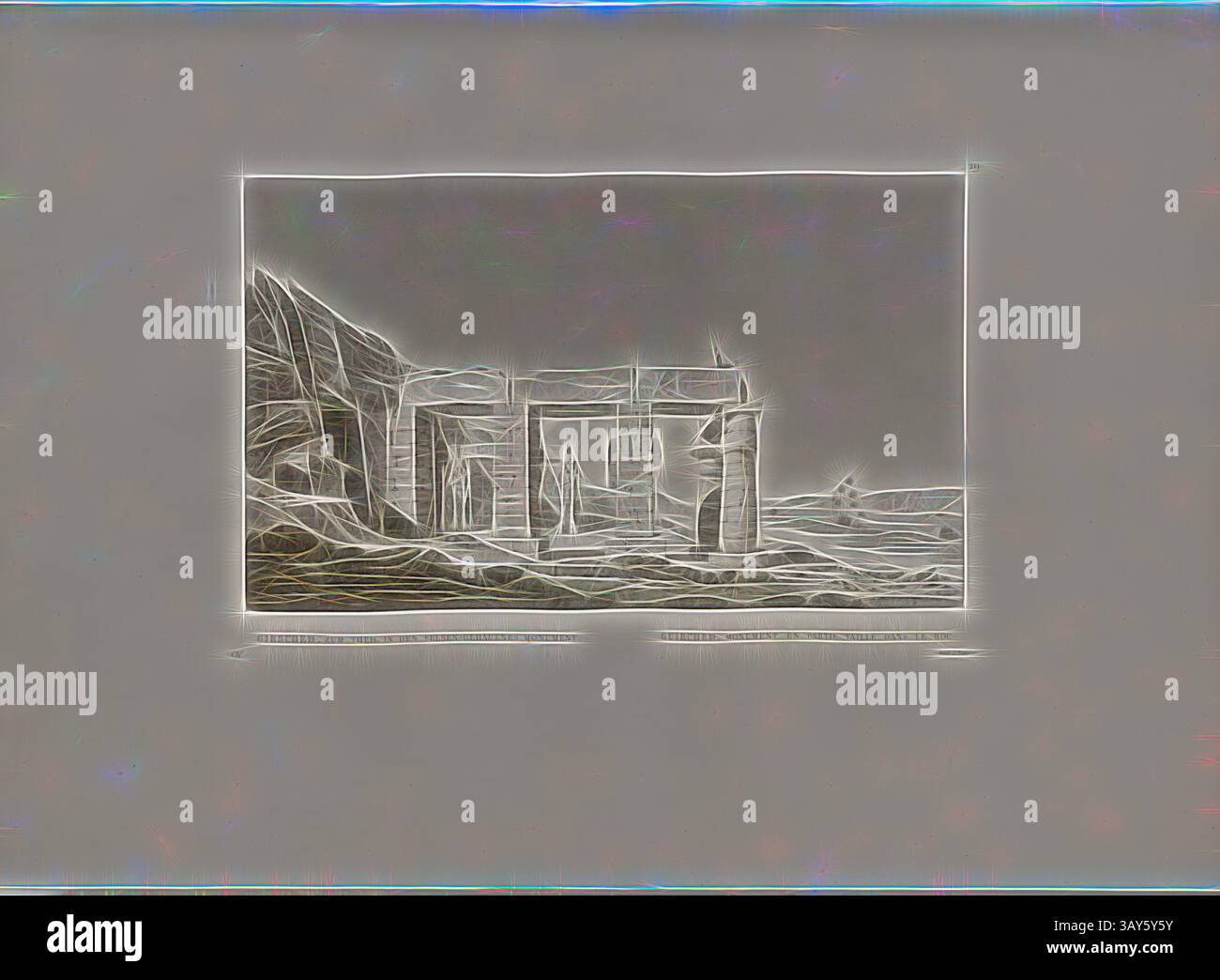 A stylized depiction of an ancient stone structure, surrounded by ...