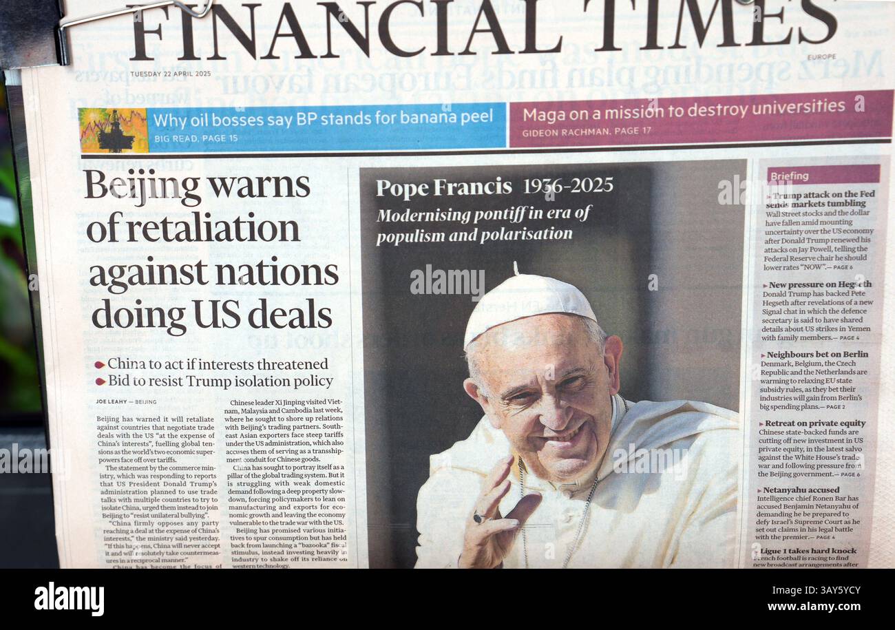 Milan, Italy. 22nd Apr, 2025. Milan, Flags at half-mast as a sign of mourning and the front page ...