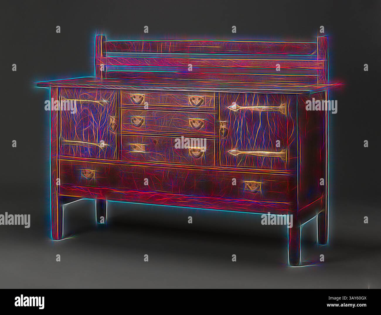 A vintage wooden sideboard with multiple drawers and a decorative ...