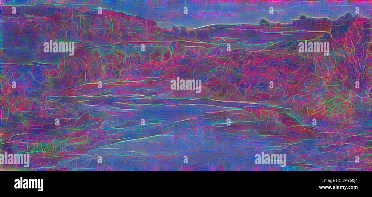 A vibrant landscape featuring blurred hills and a winding river, all ...